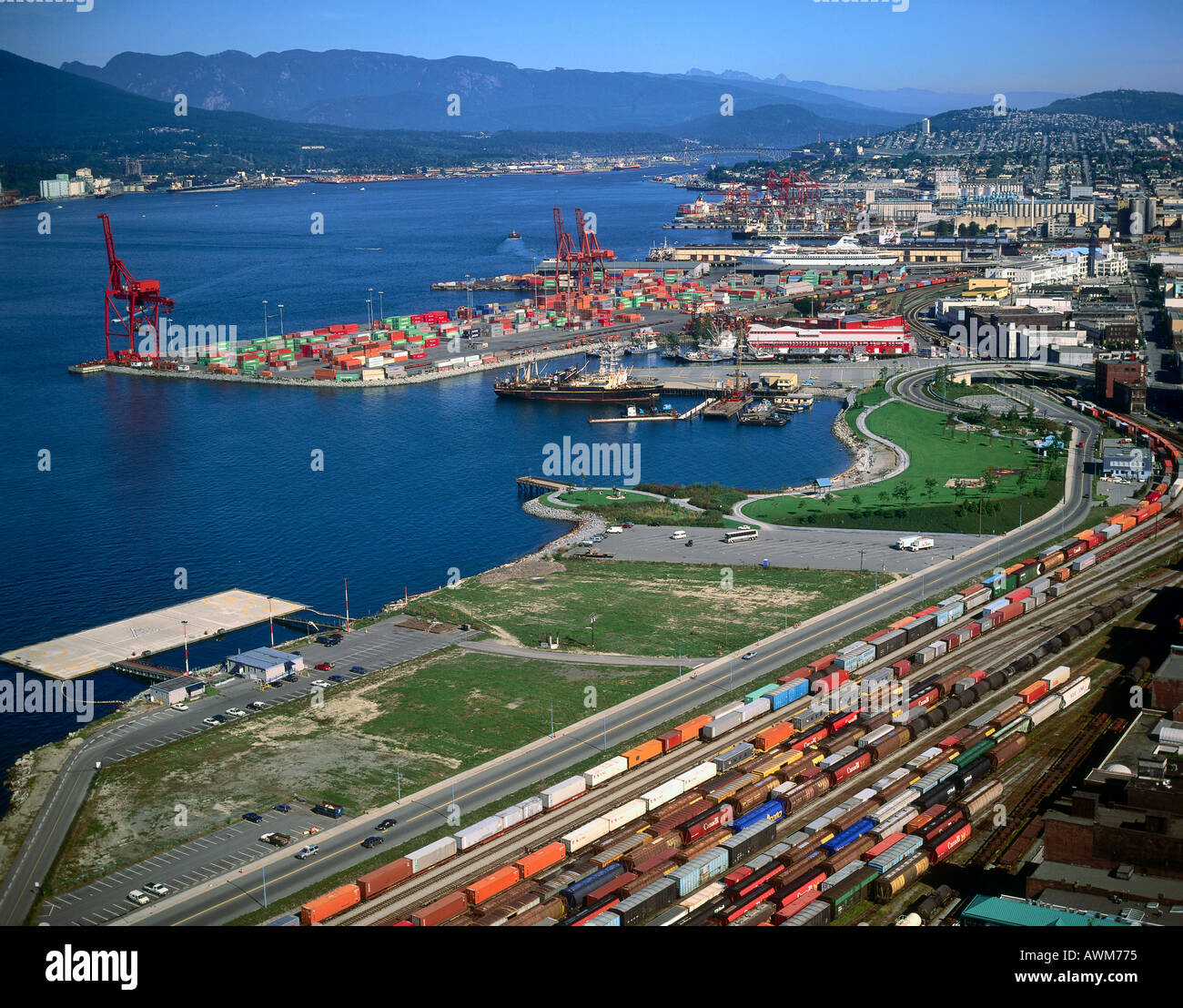 Aerial view of cargo containers at port, Vancouver, British Columbia ...