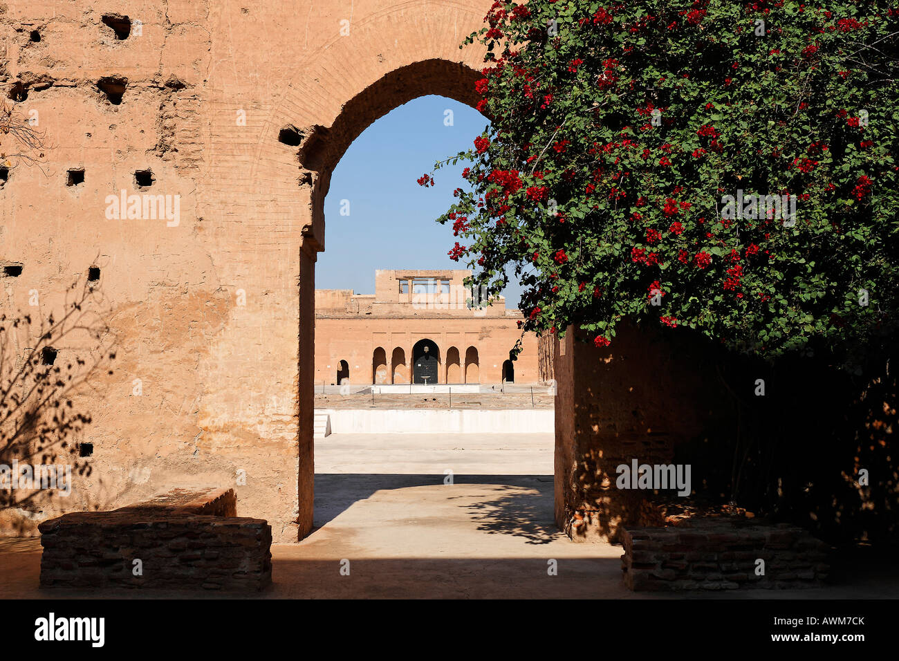 Ruins of Palais El Badi, view through a archway, Marrakech, Morocco ...