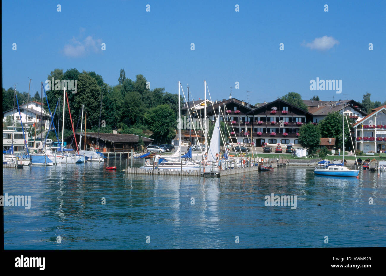 Boats in harbor, Lake Chiemsee, Bavaria, Germany Stock Photo - Alamy