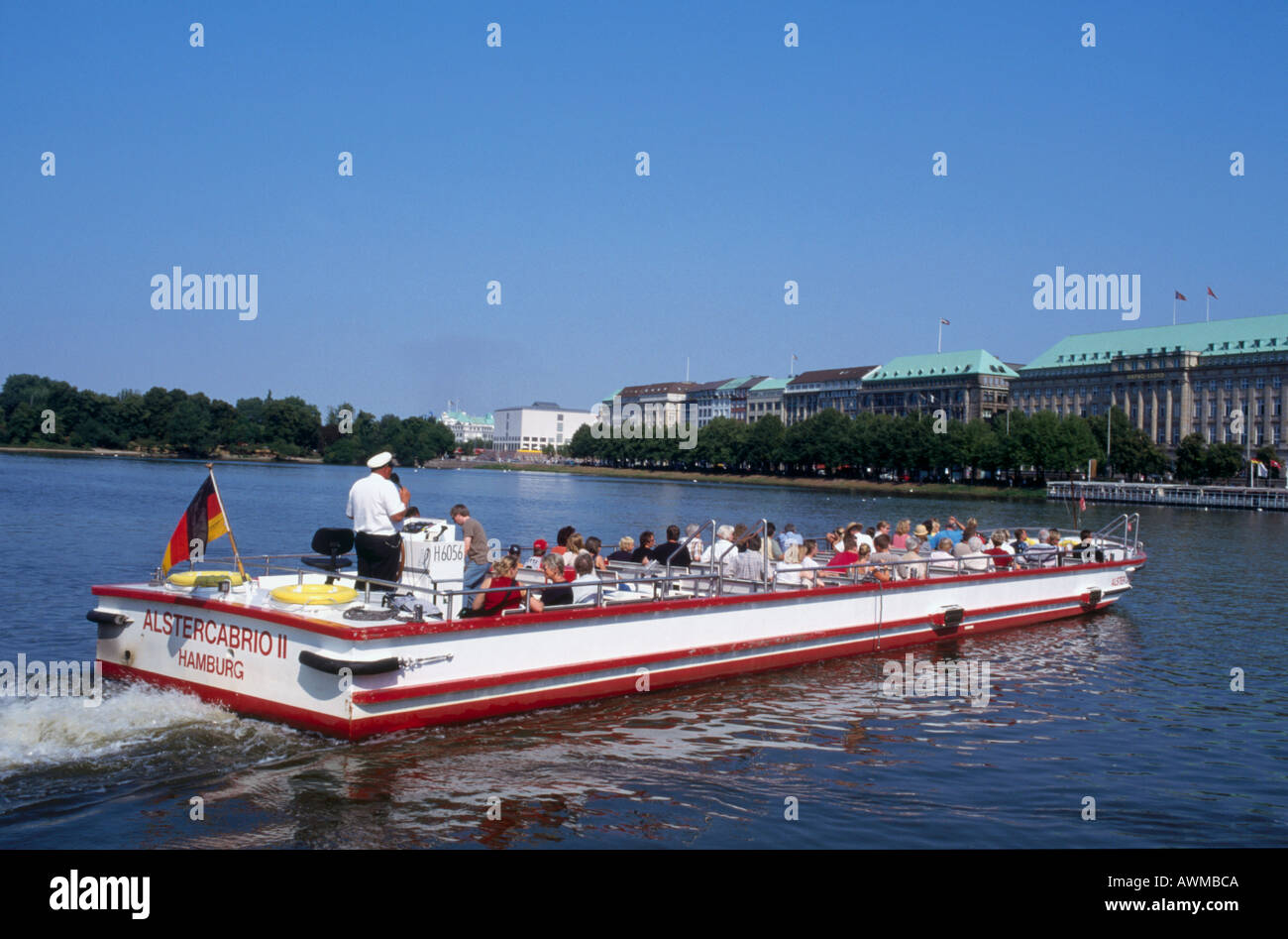 Tourists on tour boat in river, Alster River, Hamburg, Germany Stock ...