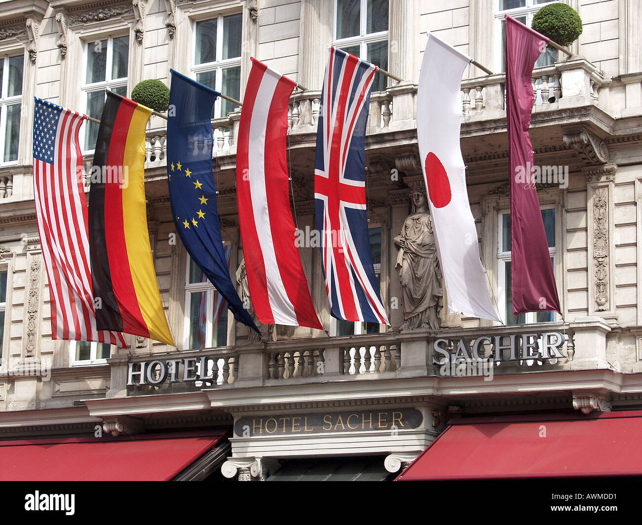 Flags of different countries mounted on hotel wall, Hotel Sacher ...
