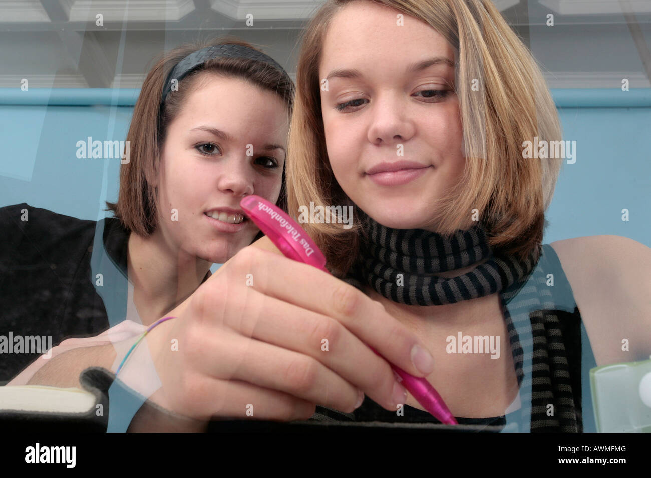 Two young girls doing homework together Stock Photo - Alamy