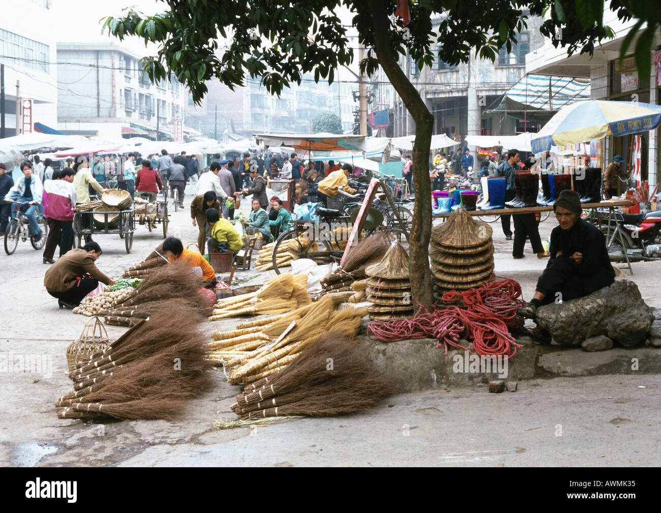 China, Guangxi Autonomous Region, Laibin, broom seller at open-air ...