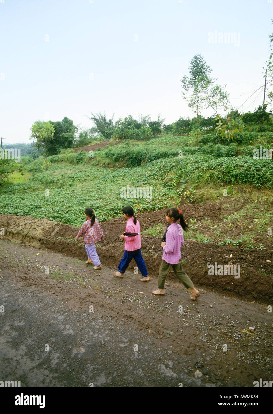China, Guangxi Autonomous Region, children walking single file along ...