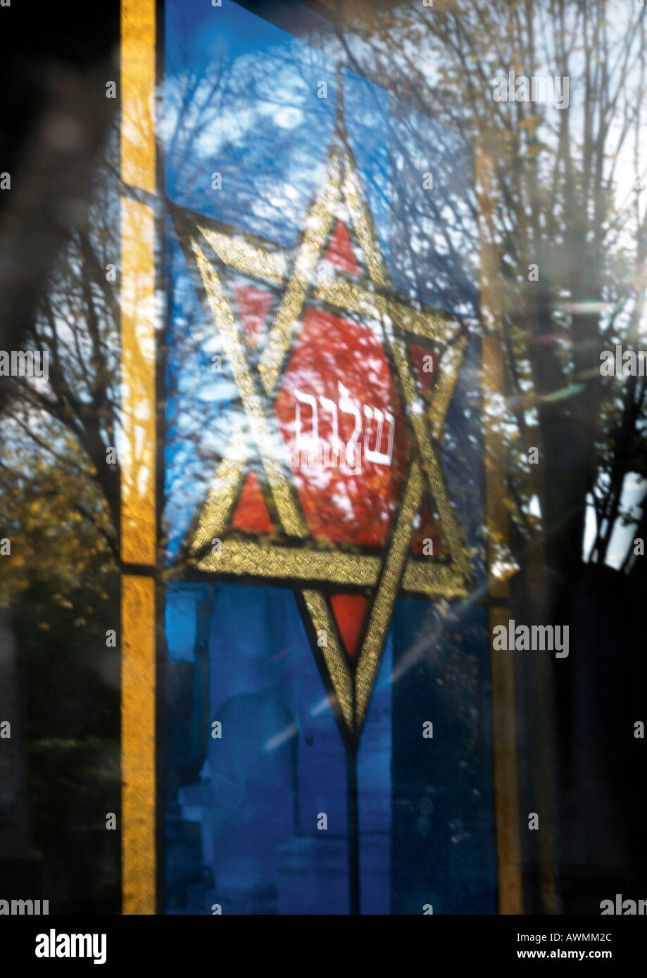 Stained-glass window with Star of David and trees, superimposition of ...