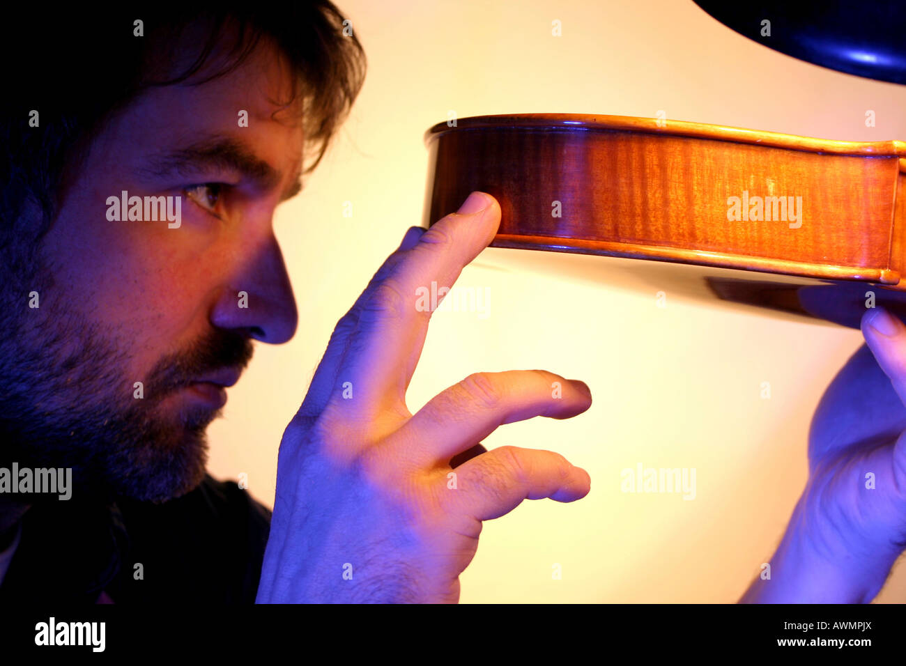 Violin-maker (luthier) checking the position of the sound post Stock ...