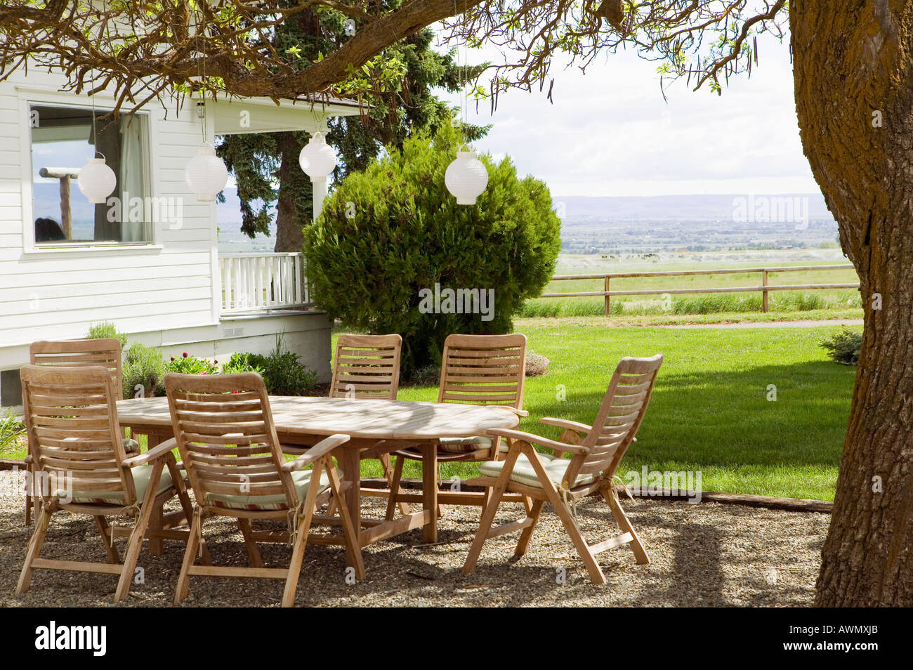 Empty table and chairs under tree Stock Photo - Alamy