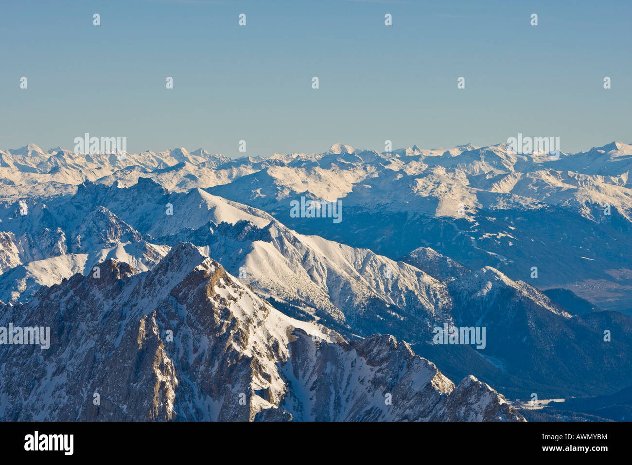 Snow-covered Alps seen from Mt. Zugspitze, Germany, Europe Stock Photo ...
