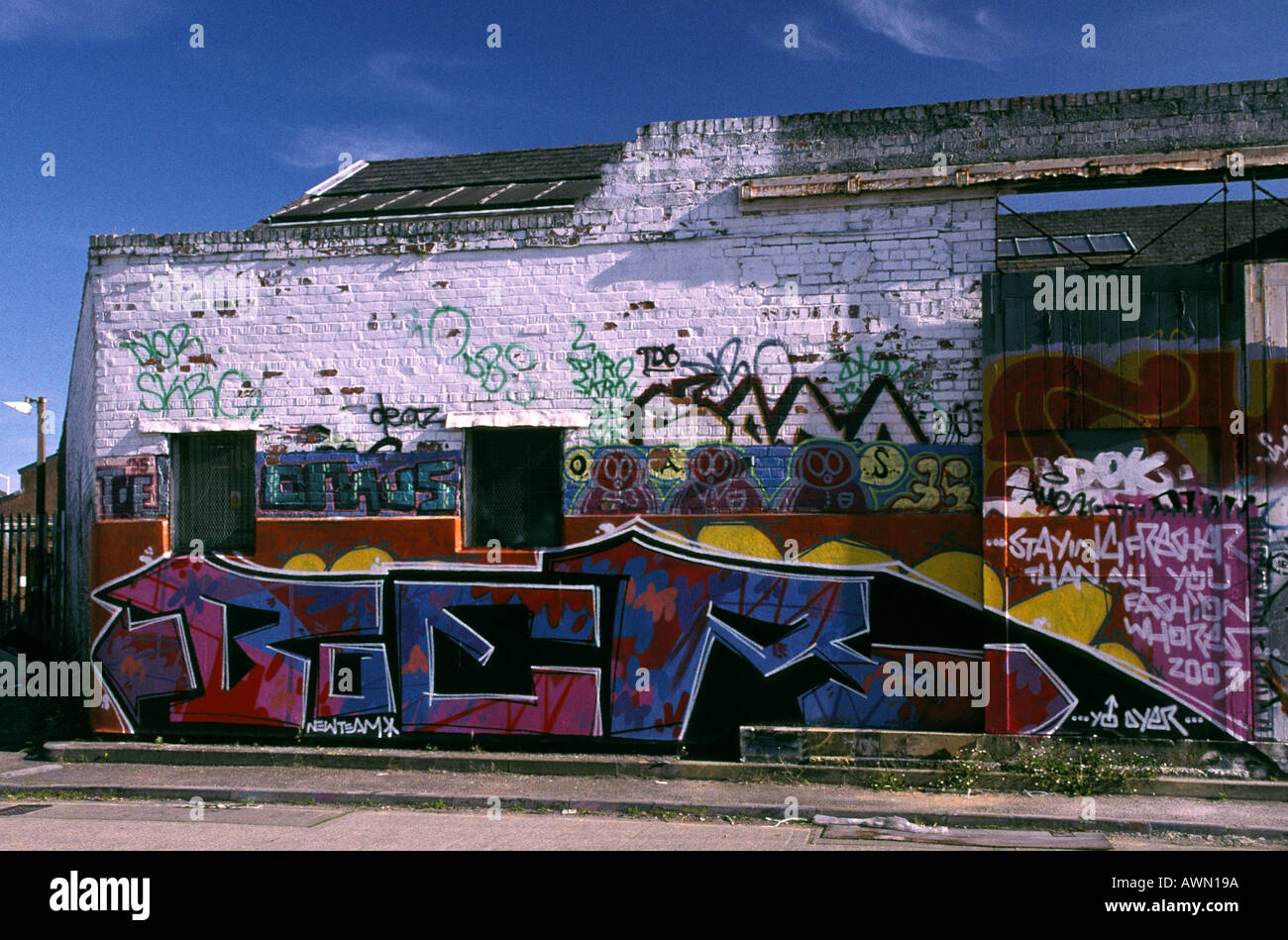 Graffiti along wall of building Stock Photo - Alamy