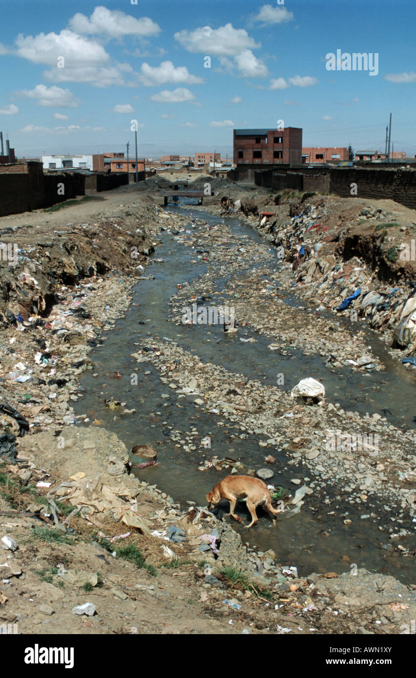 BOLIVIA POLLUTION IN A RIVER CROSSING THE SUBURBS OF EL ALTO IN LA PAZ ...