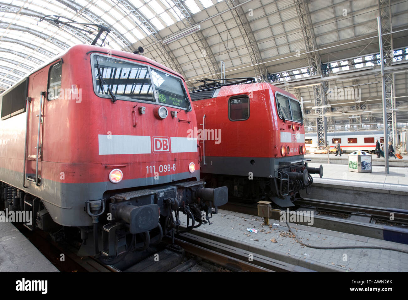 Two German Rail (Deutsche Bahn or DB) trains ready to depart Frankfurt ...