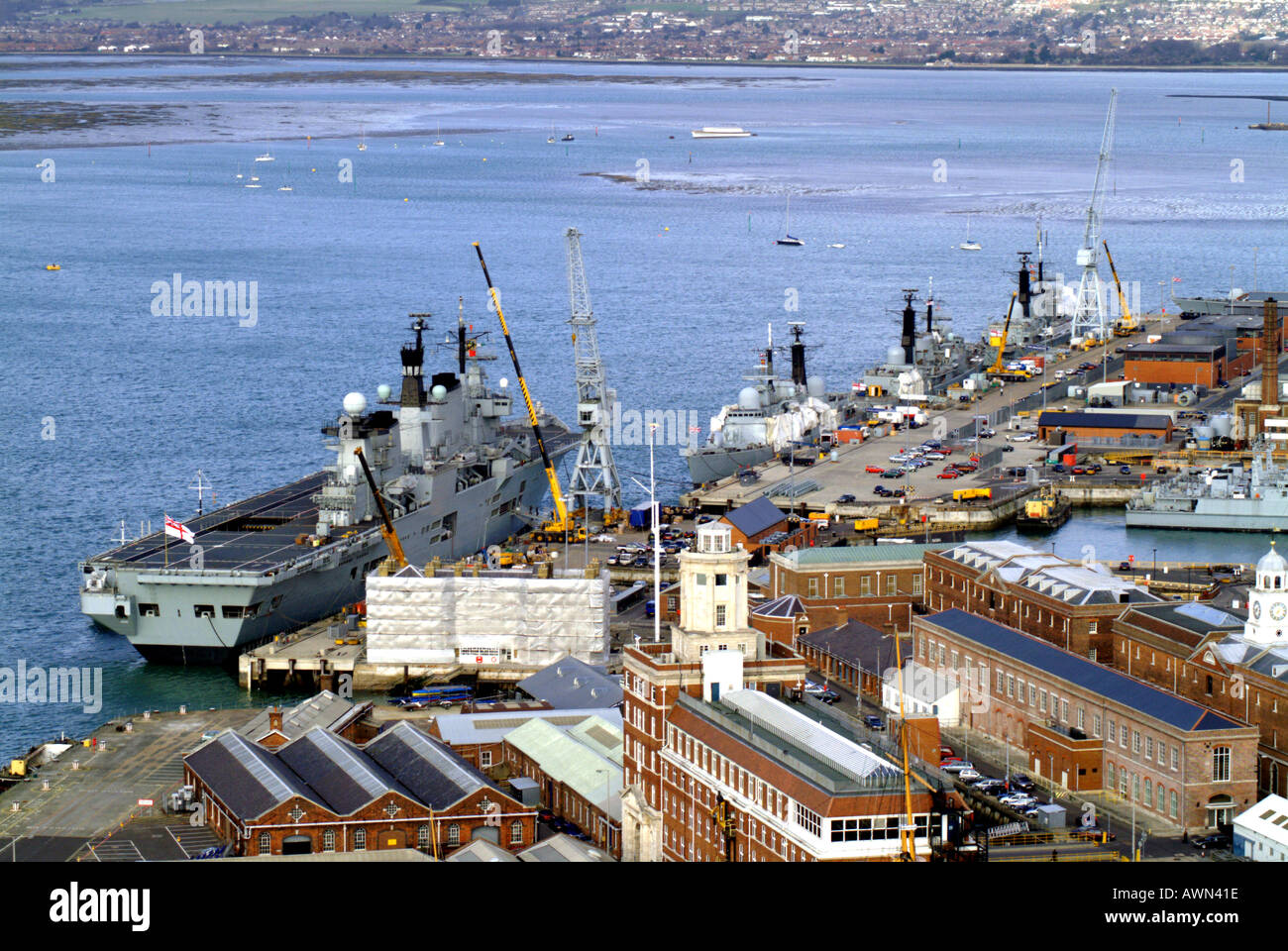 View of Royal Navy ships in the Naval Dockyard from the Spinnaker Tower ...