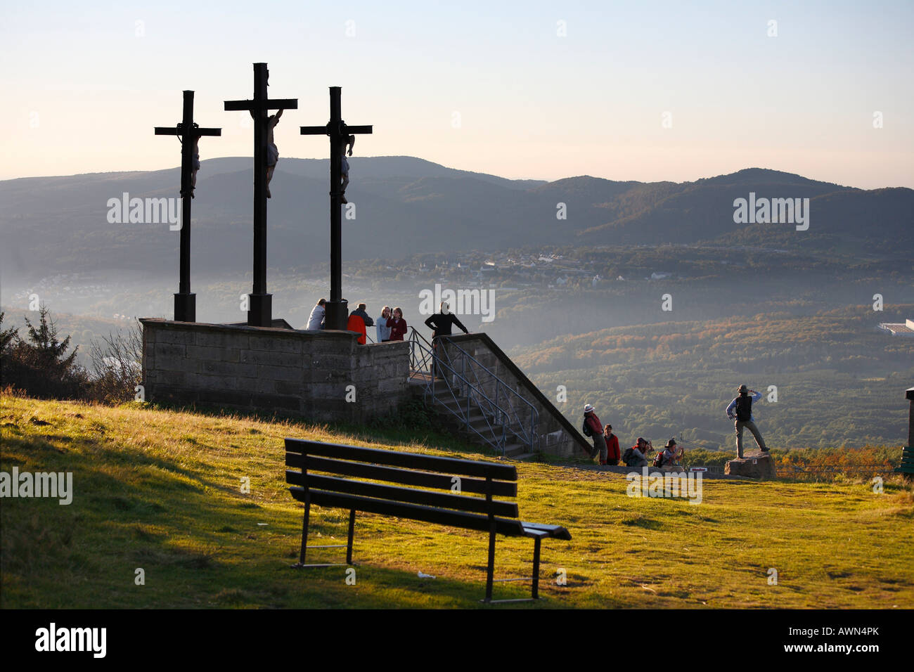 Three crosses on Kreuzberg mountain near Bischofsheim, Rhoen, Franconia ...