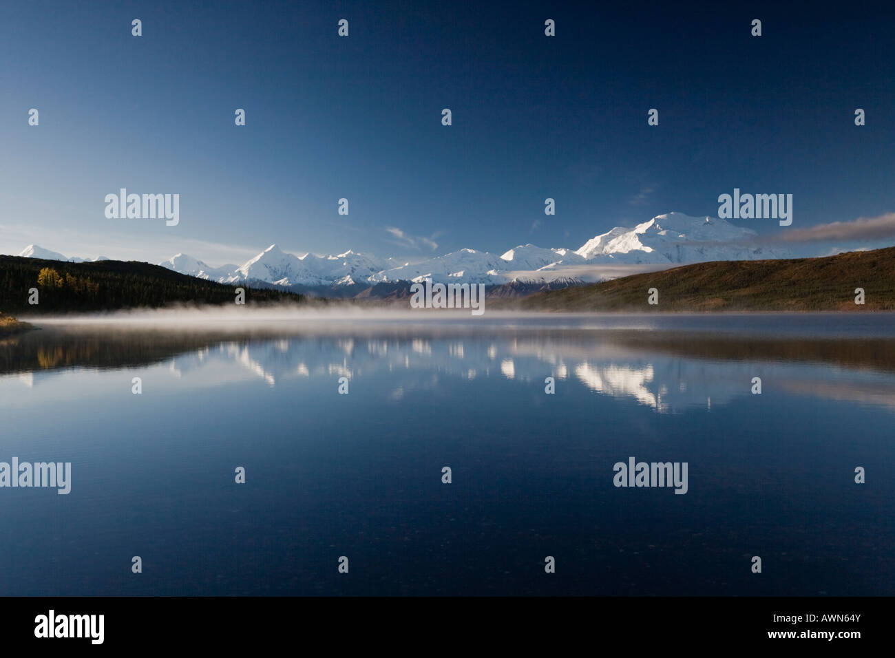 Perfect reflection of Mt Denali in the crisp, misty waters of Wonder ...
