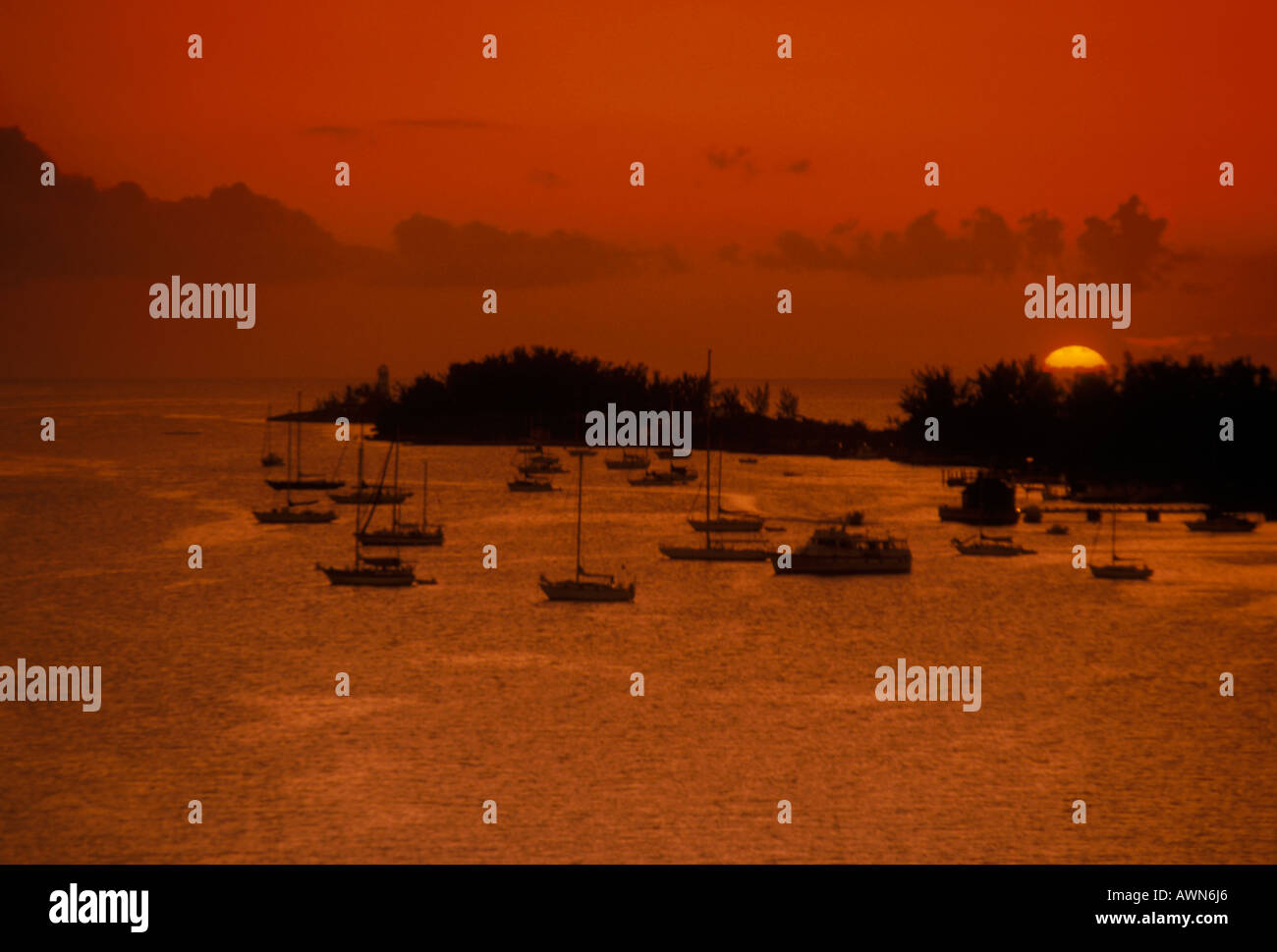 sunset over Paradise Island, view from Nassau, New Providence Island ...