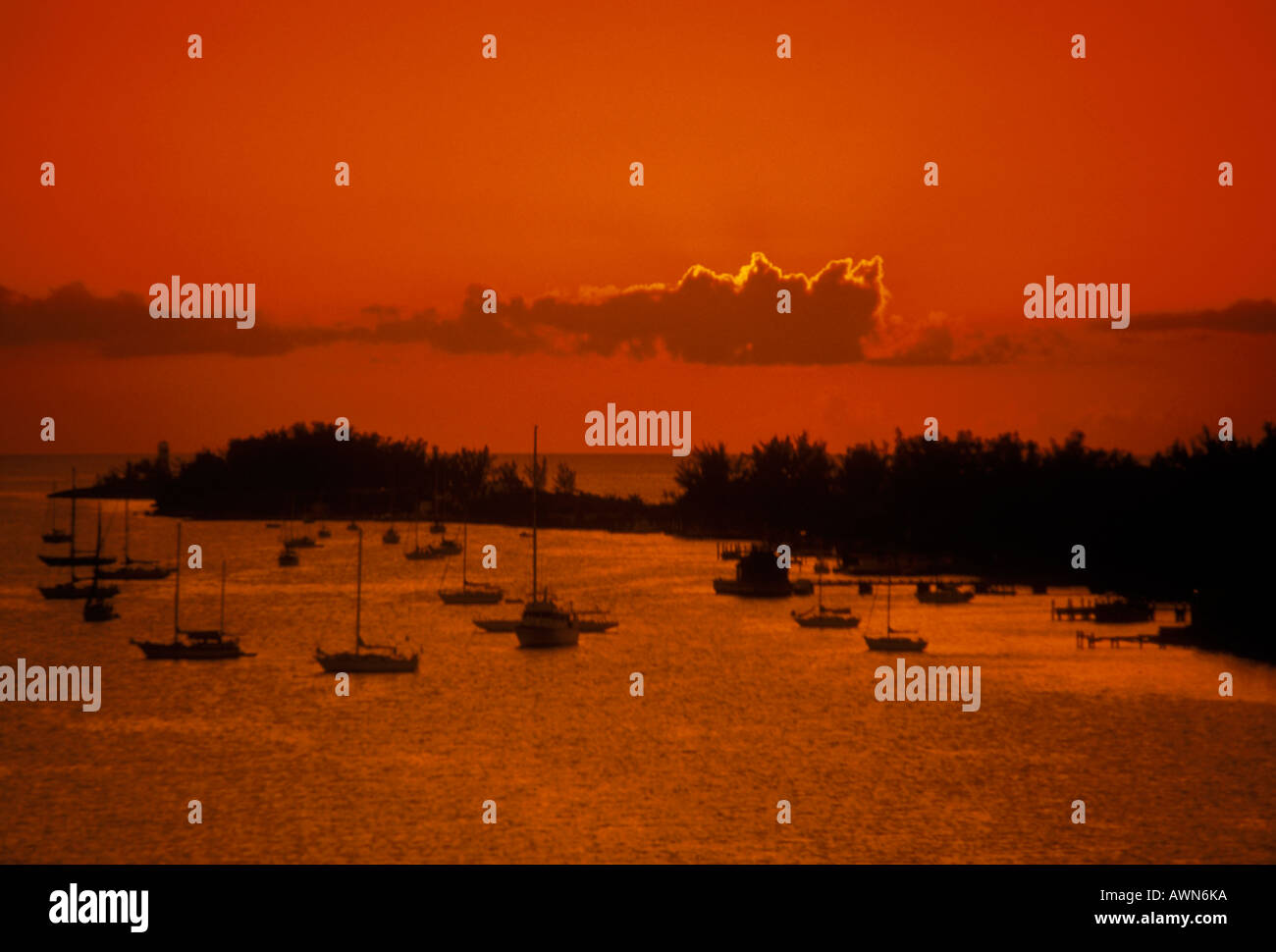 sunset over Paradise Island, view from Nassau, New Providence Island ...