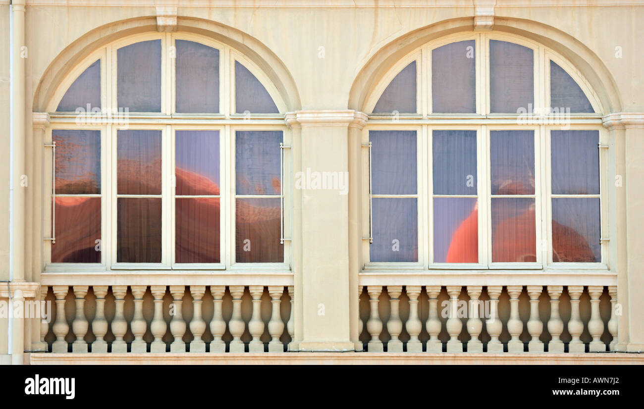 Reflections in windows of the Royal Palace, Monte Carlo, Monaco, Europe ...