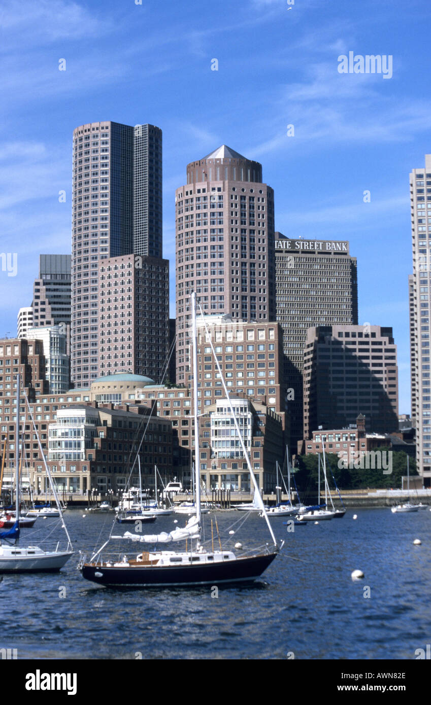 Sailing yacht in from of Boston Waterfront Massachusetts USA Stock ...