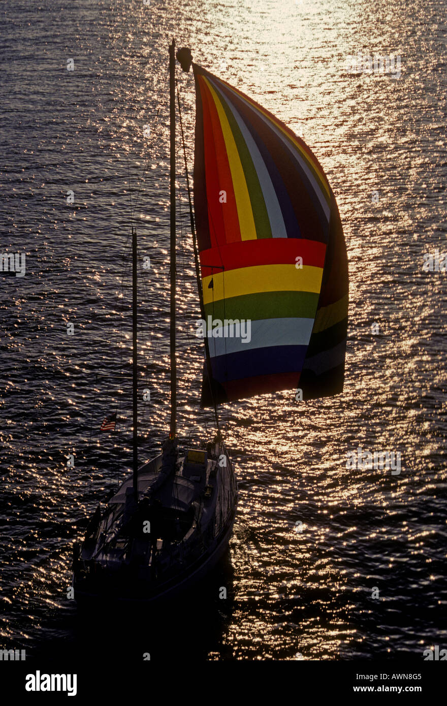 Sailboat sailing boat under sail at sea sunset Nassau New Providence ...