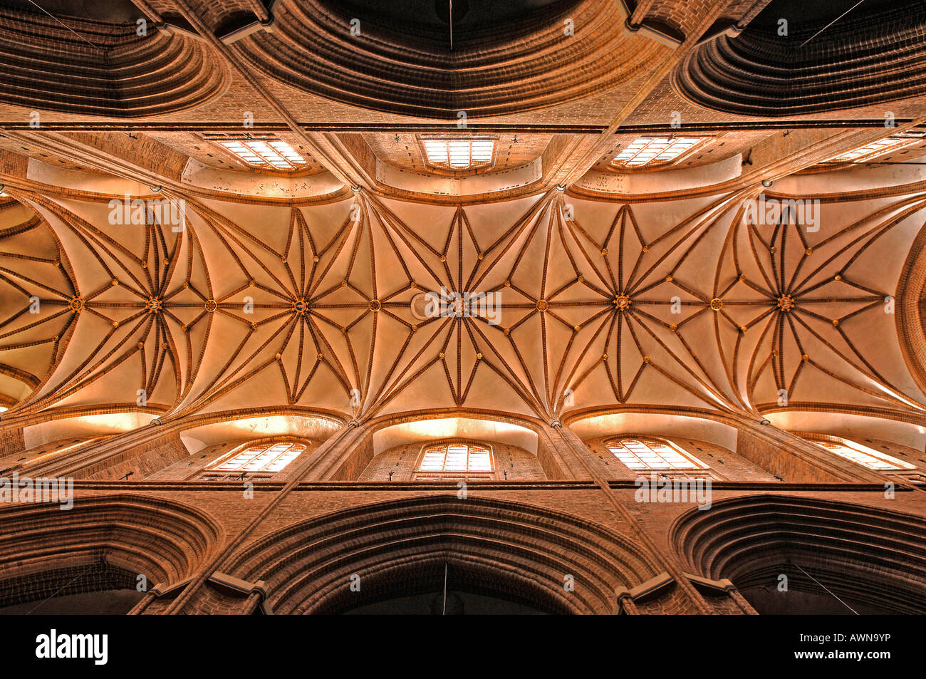 Gothic ceiling vault, Hanseatic-style Nikolai Church built 1407-1440 ...