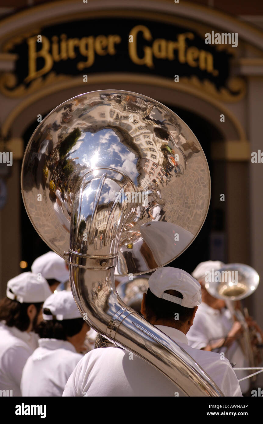 Brass band performing outside of a pub in Bad Toelz, Upper Bavaria ...