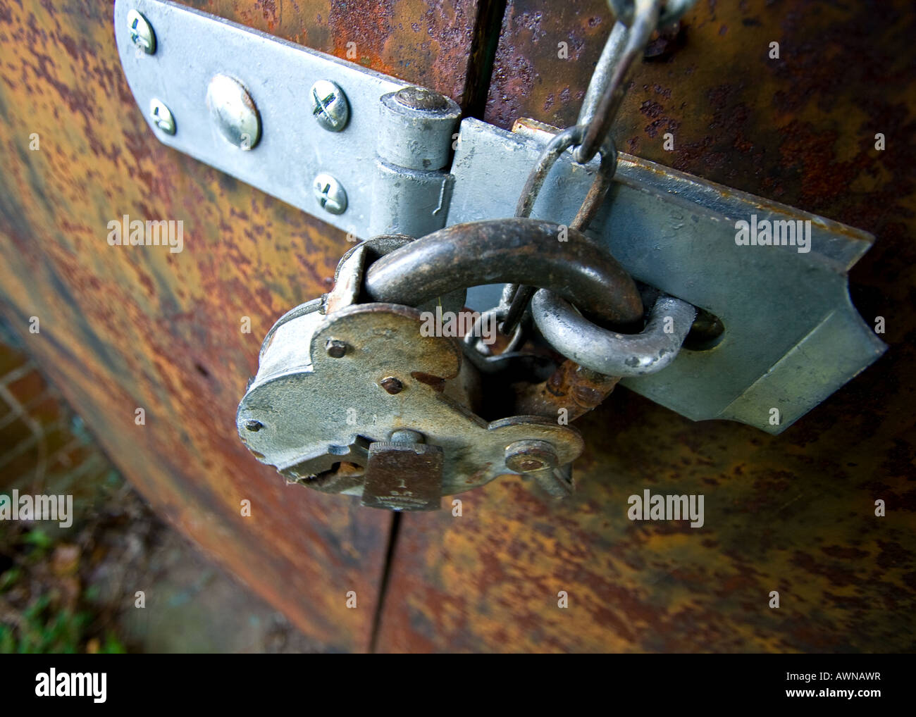 old fashioned padlock on rusty door taken with wideangle lens Stock ...