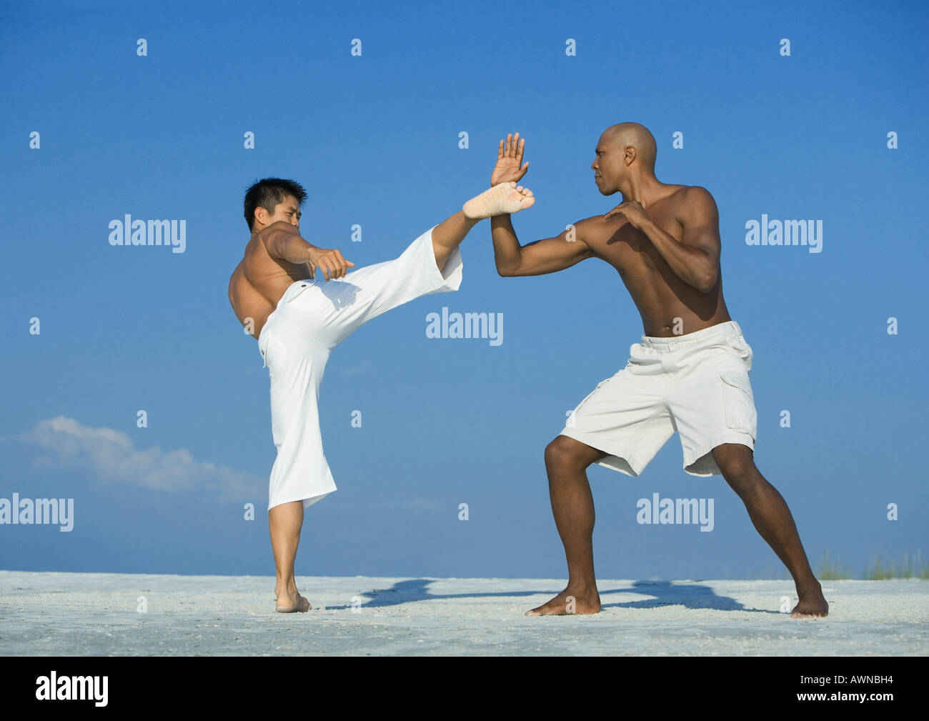 Two men practicing martial arts on beach Stock Photo - Alamy
