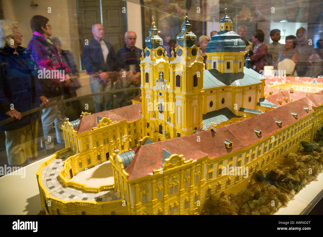 Tourists visiting a mockup (scale 1:100) of Melk Abbey inside the ...