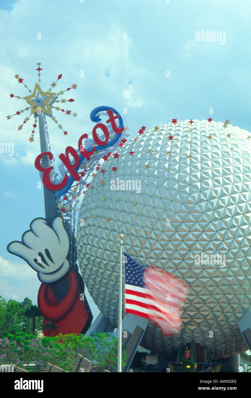 Epcot geosphere sign flag Epcot theme park Florida USA 2003 Stock Photo ...