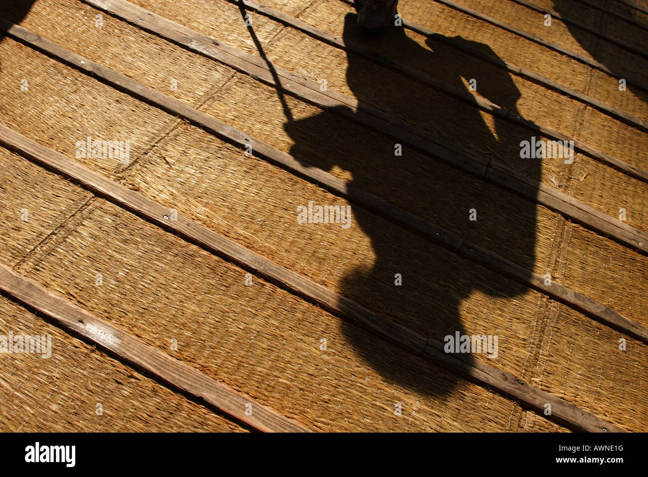 The shadow of an old woman on a wicker ramp at Tonganji temple in ...