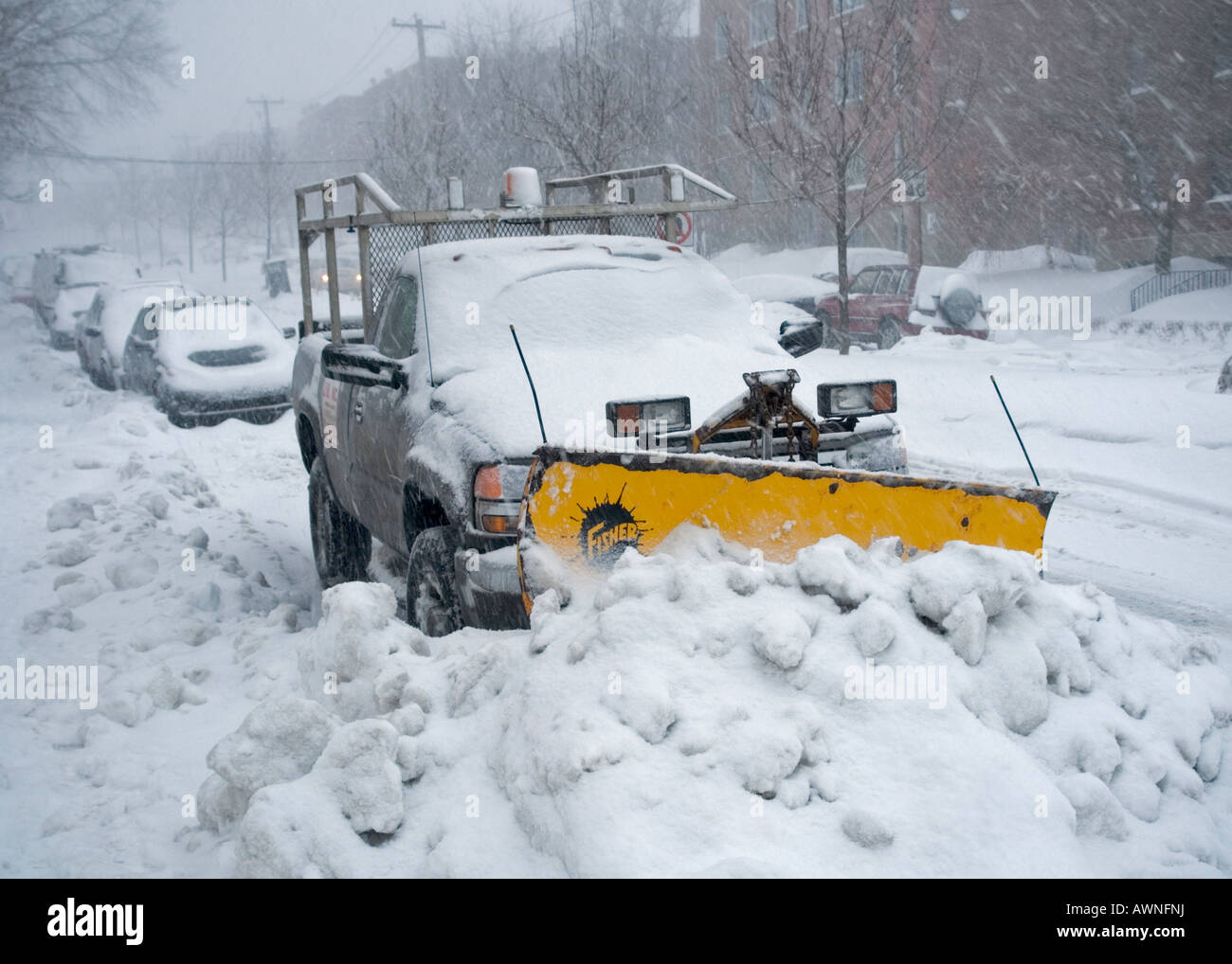 A scene along snow bound Montreal suburban street after a heavy snow ...