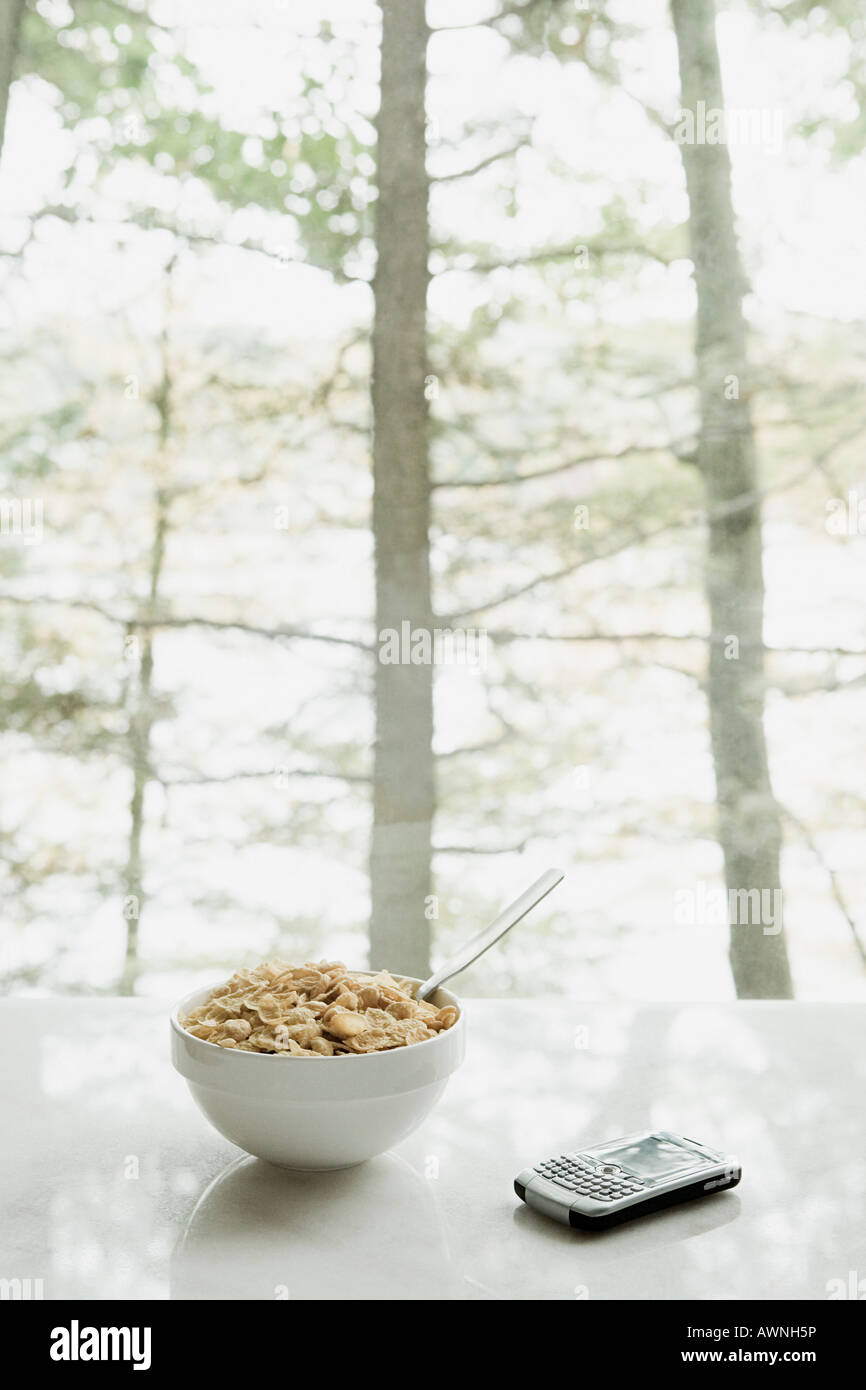 Bowl of cereal and handheld computer Stock Photo - Alamy