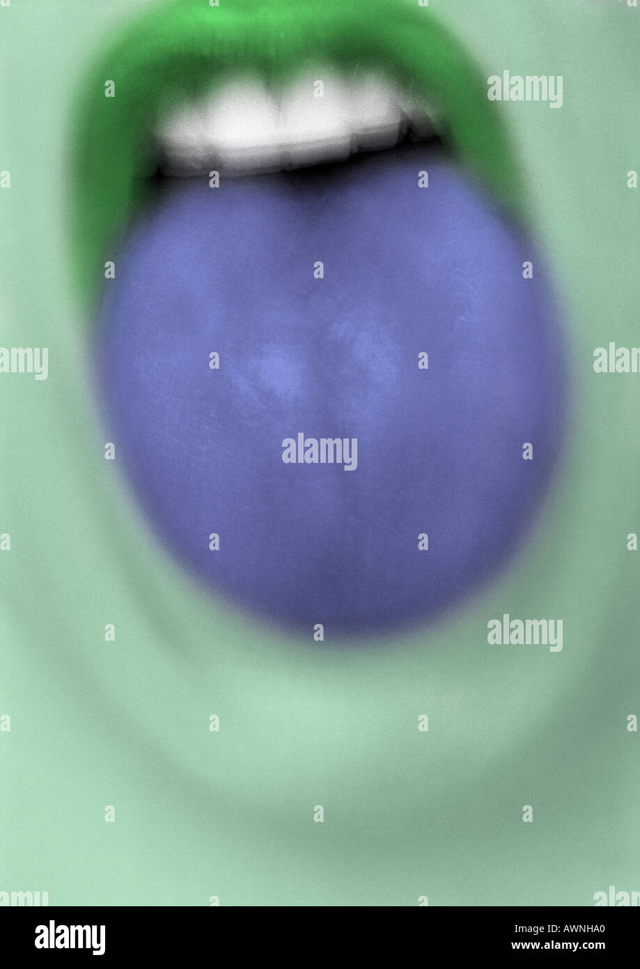 Close up of woman's green mouth with blue tongue sticking out, blurry ...