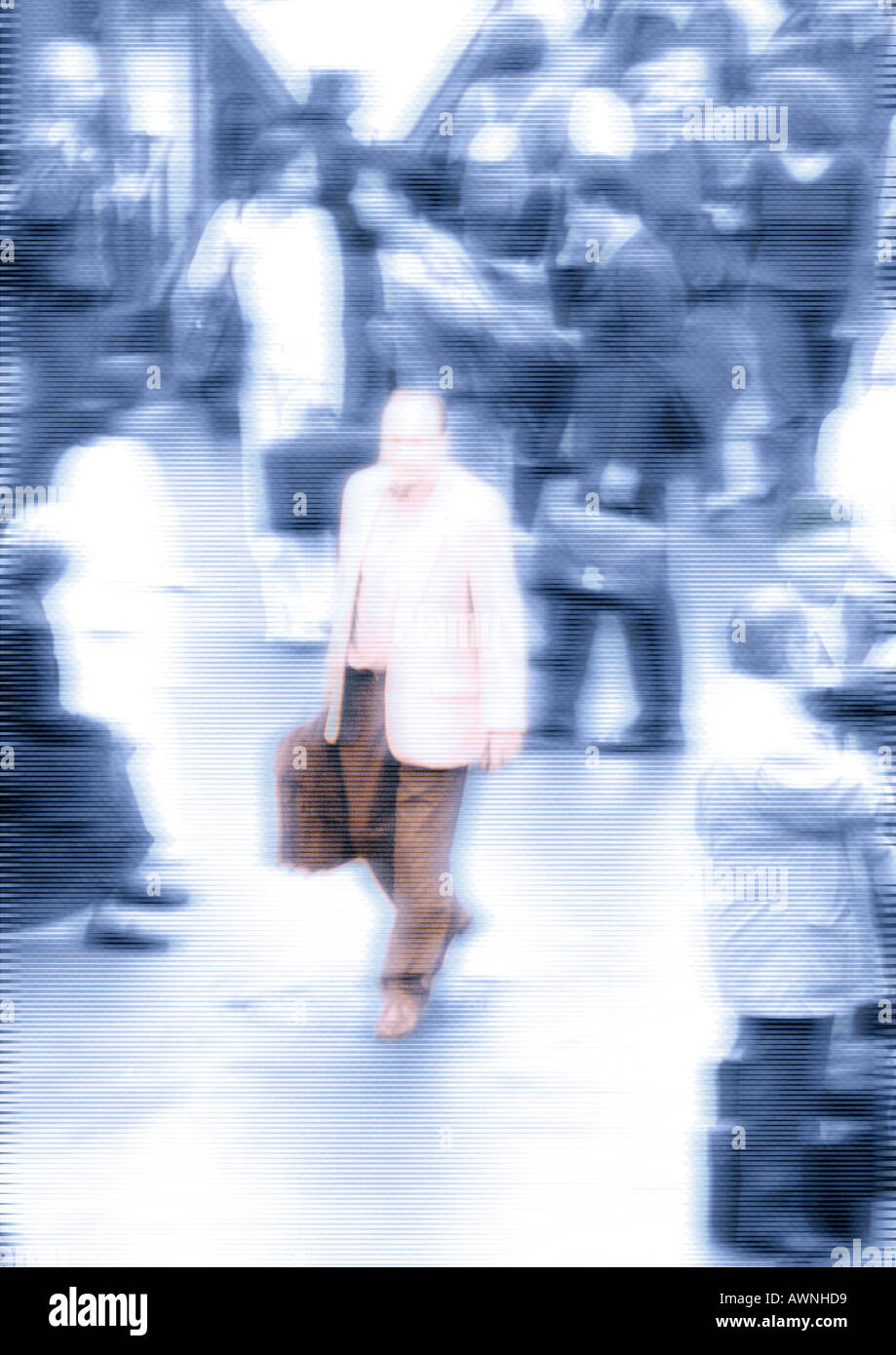 Man, in color, walking through crowd in b&w Stock Photo - Alamy