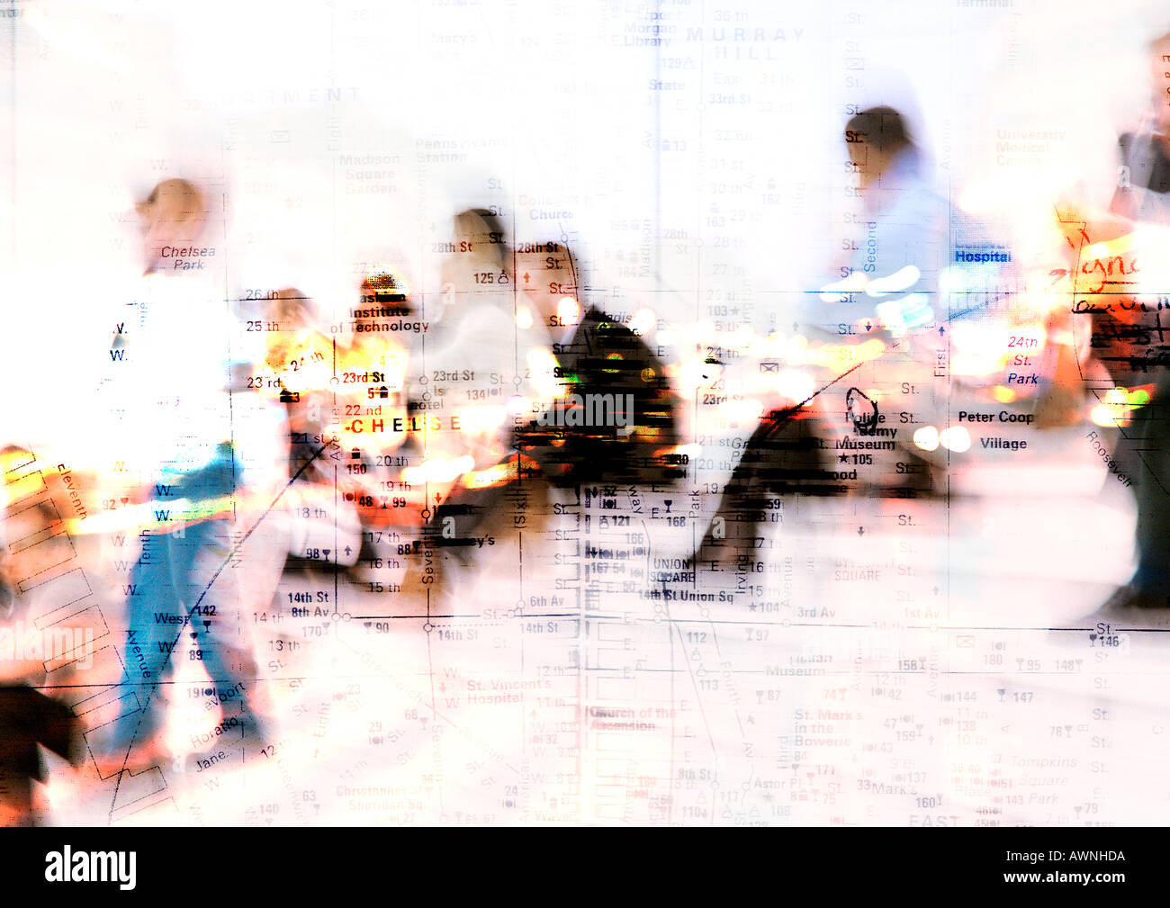 People sitting, superimposed on map, blurry Stock Photo - Alamy