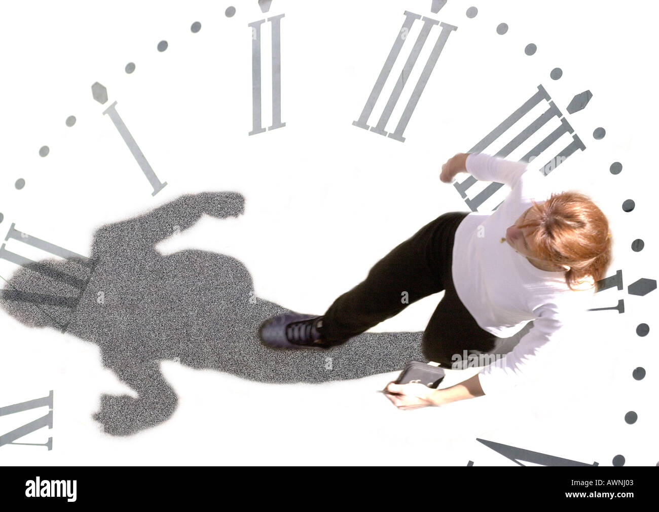 Woman walking on clock, montage Stock Photo - Alamy