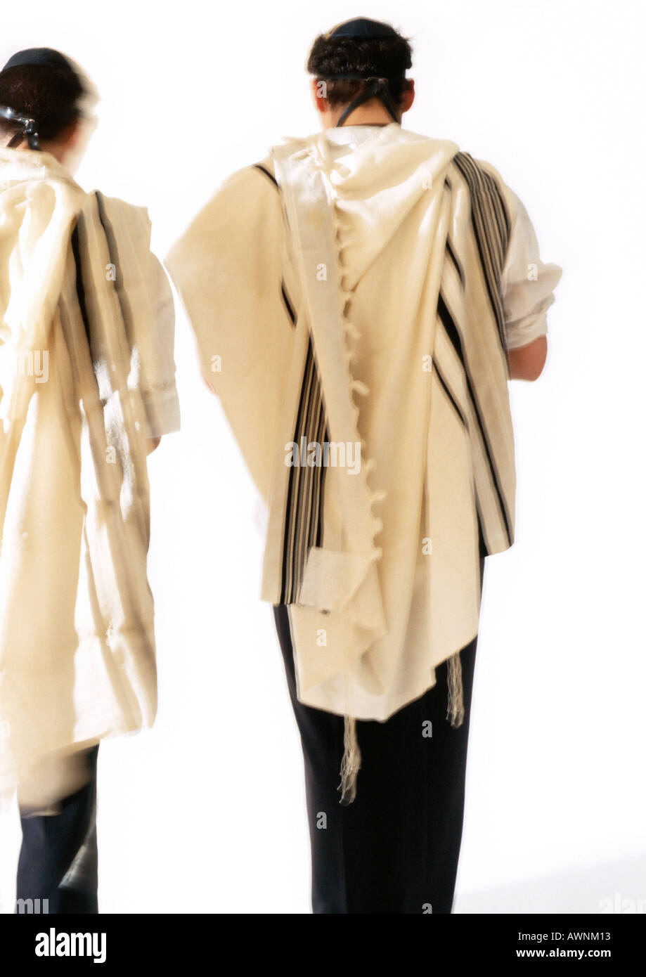 Jewish men wearing Tefillin and Tallith for prayer, rear view Stock ...