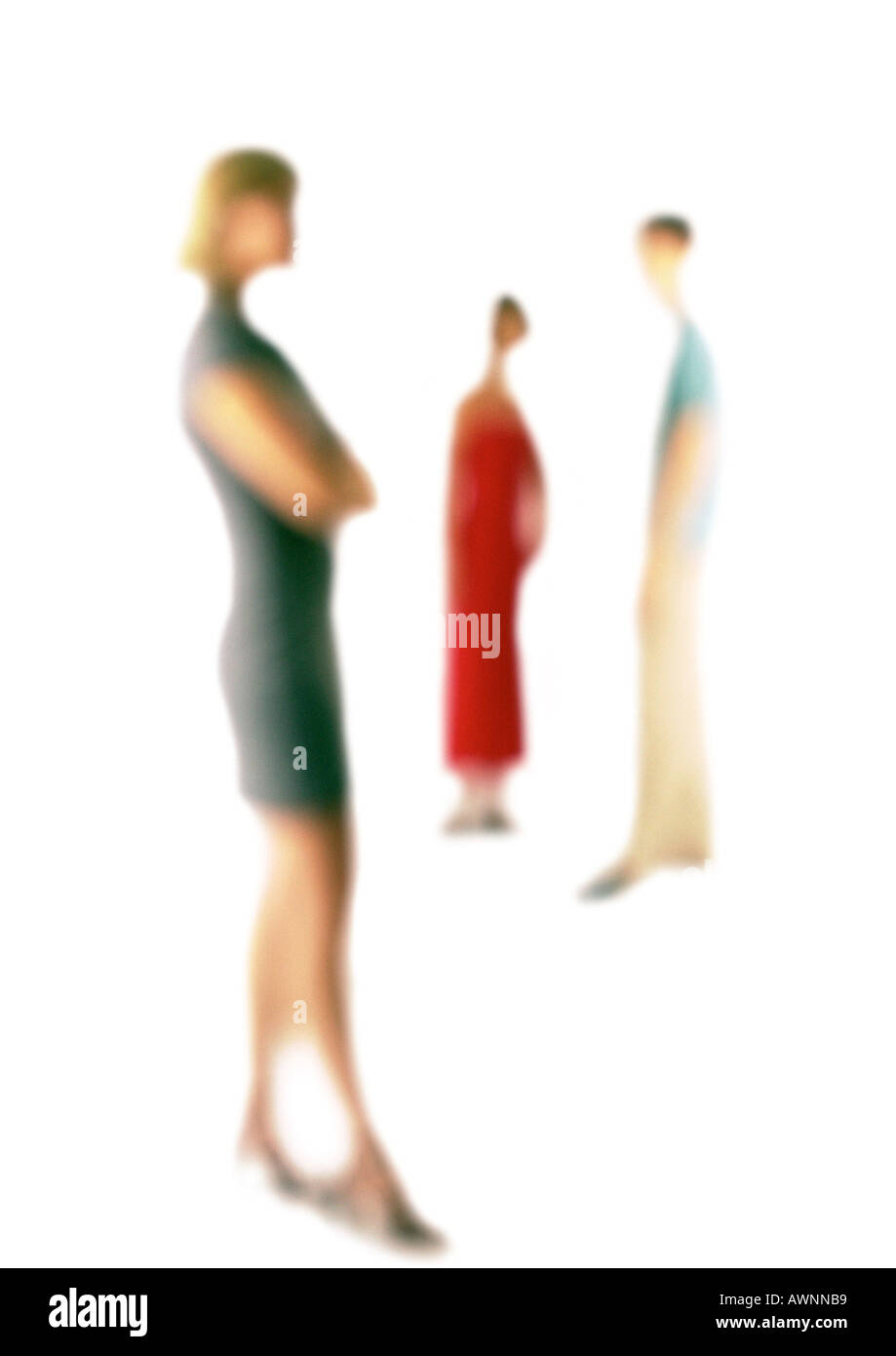 Silhouette of three people standing apart, on white background ...