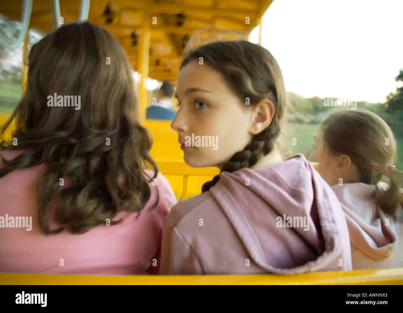 Preteen girls riding train in amusement park, rear view Stock Photo - Alamy