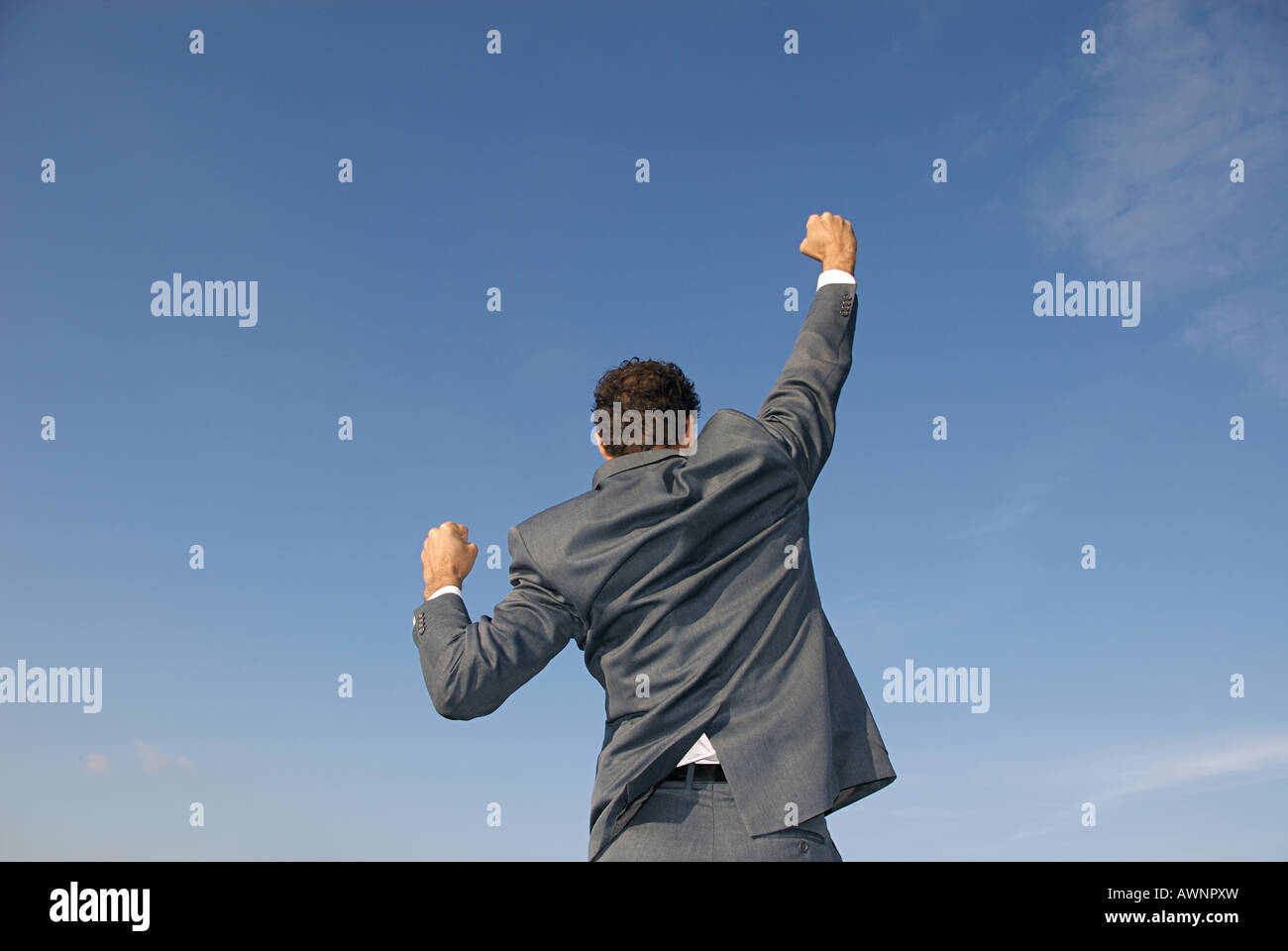 Rear view of a businessman with his arms raised Stock Photo - Alamy