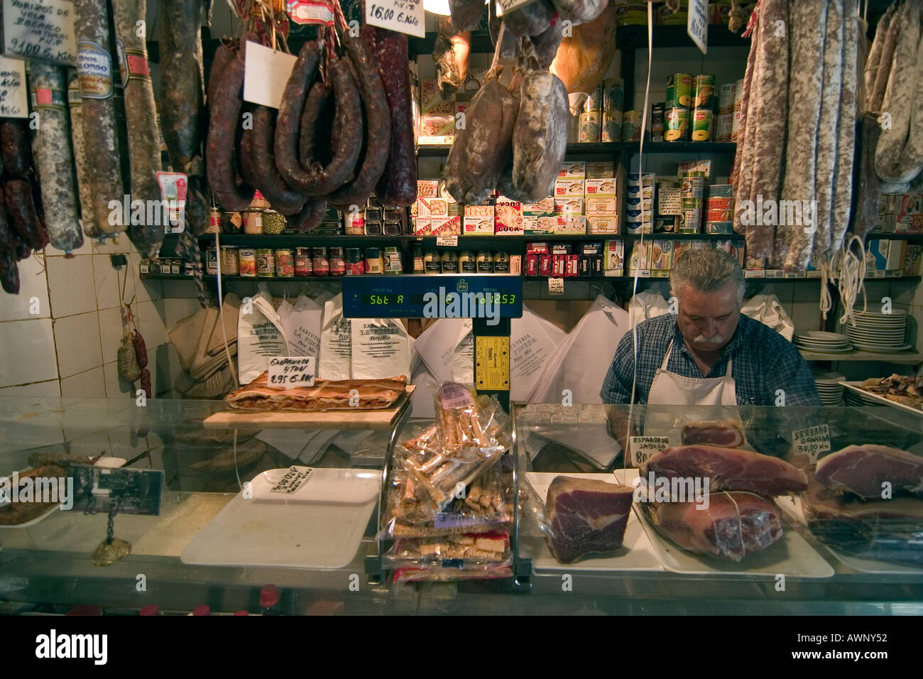 Traditional sausage-store in the center of Barcelona Spain Europe Stock ...