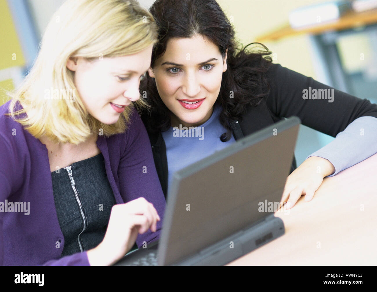 Two women using laptop computer Stock Photo - Alamy