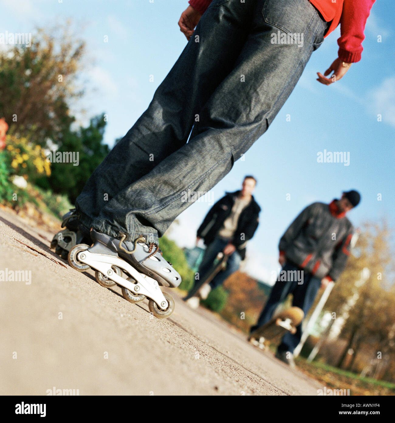 Young people, on wearing in-line skates, others with skateboards, low ...