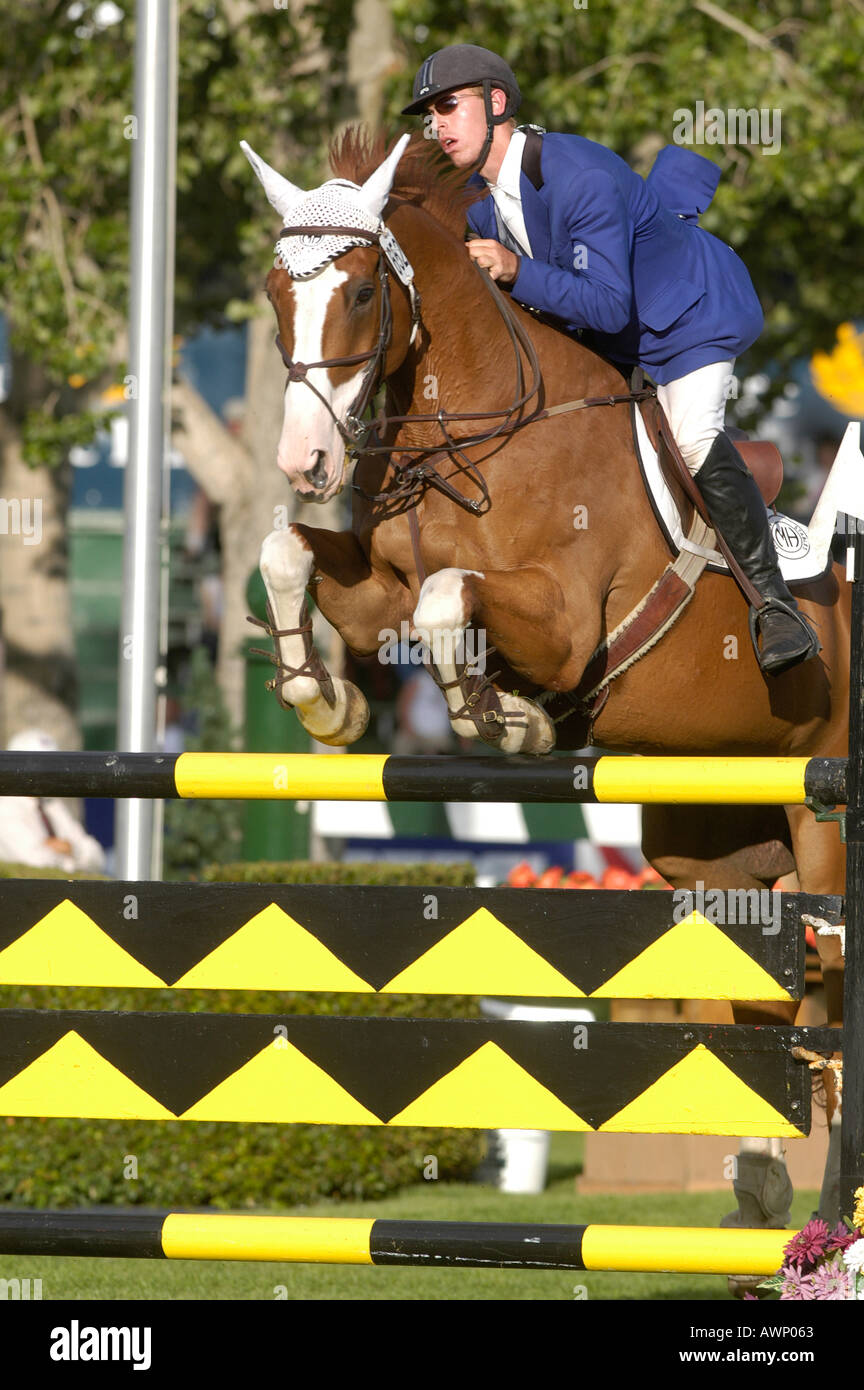 Lane Clarke of Australia competing in showjumping at Spruce Meadows on ...