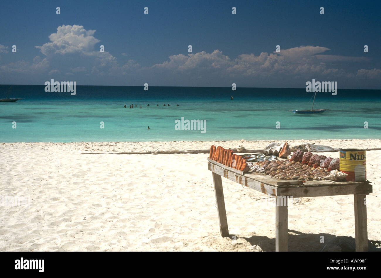 Stall selling shells on the beach at Nungwi on the north west coast of ...