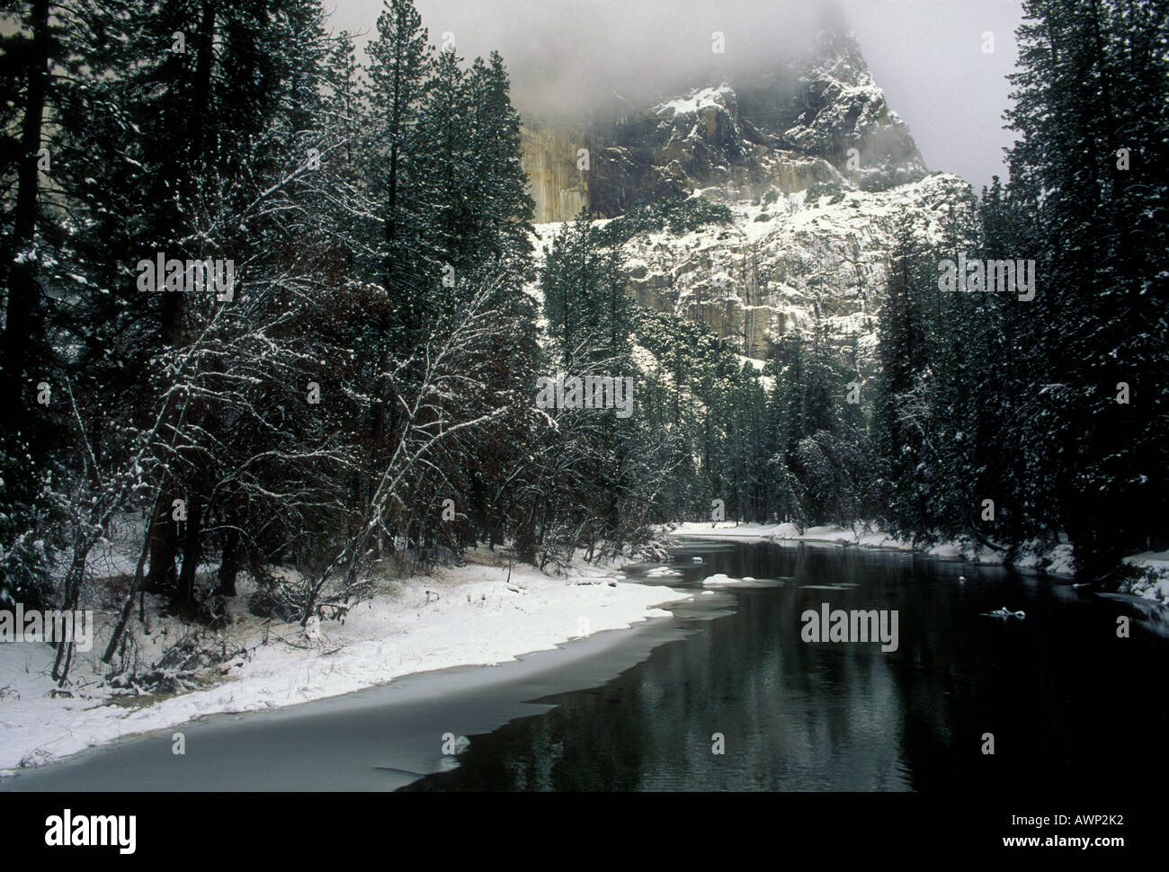winter landscape Merced River in Yosemite Valley in Yosemite National ...
