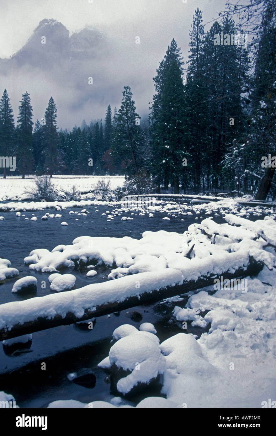 winter landscape Merced River in Yosemite Valley in Yosemite National ...
