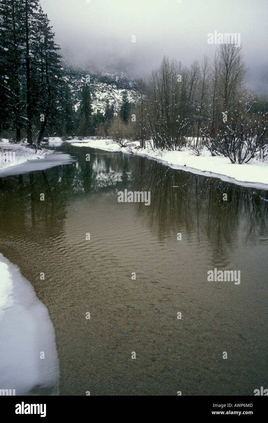 winter landscape Merced River in Yosemite Valley in Yosemite National ...