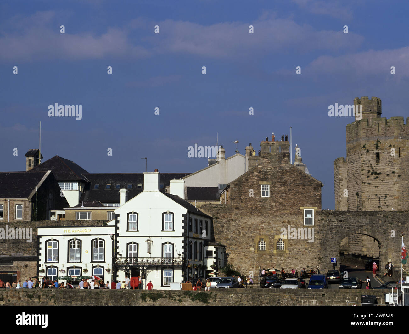 The Anglesey public house beside the town wall on summer evening from ...
