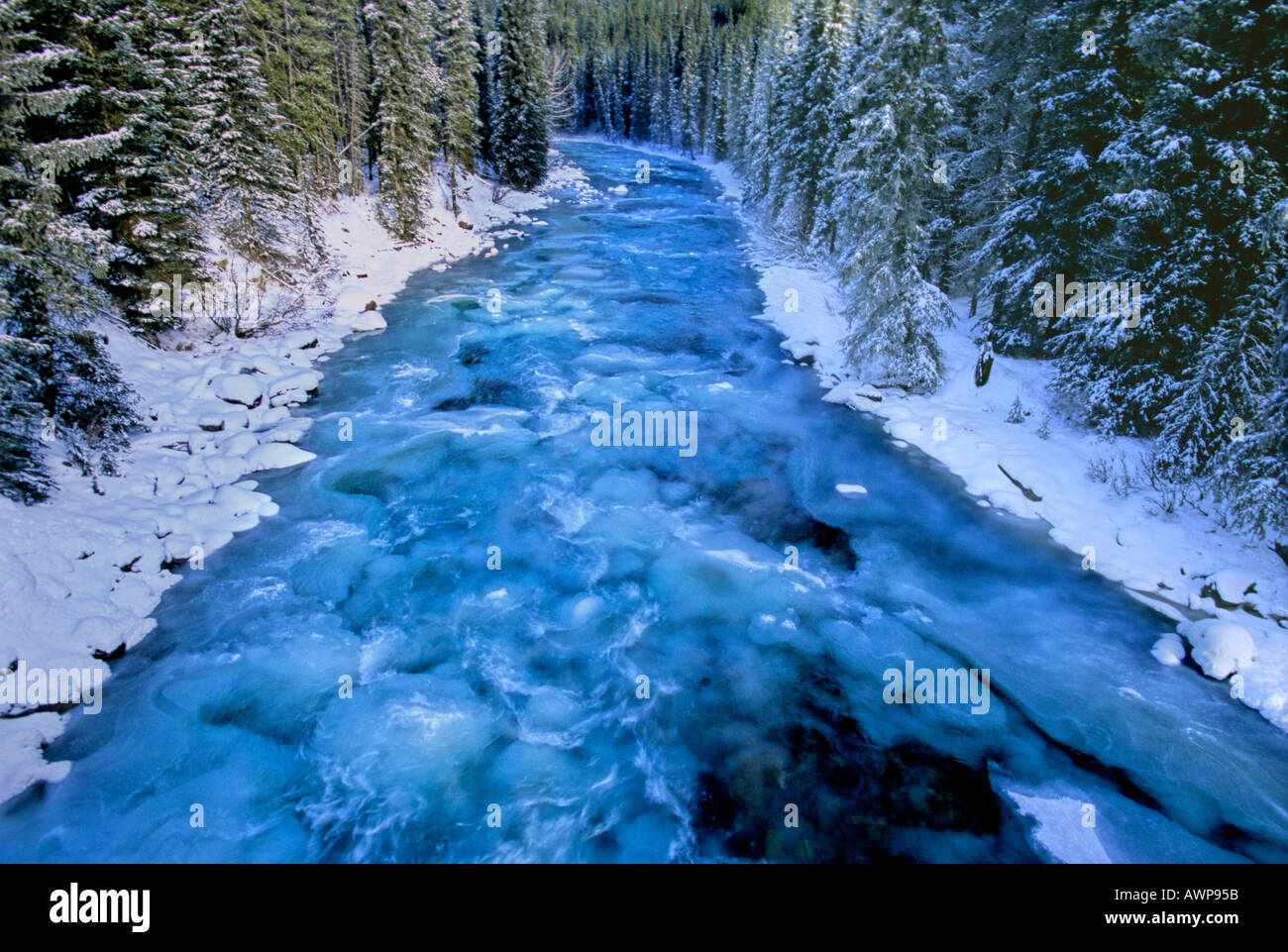 The Maligne River clogged with ice Stock Photo - Alamy